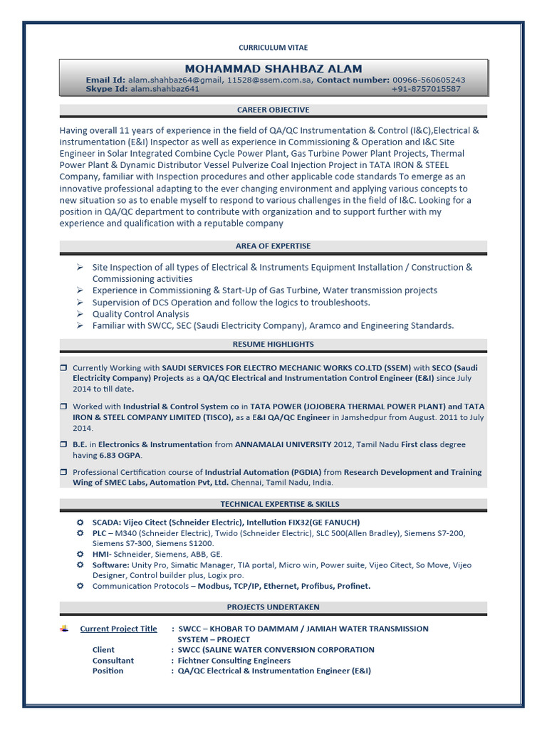 Mohammad Shahbaz Alam (E&I QAQC Engineer) | PDF | Instrumentation | Specification (Technical ...