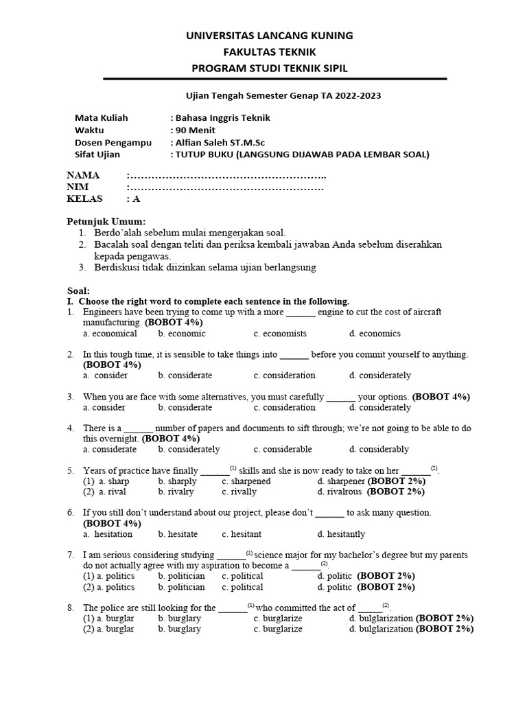 Soal Uts BHS Inggris Teknik KLS A Genap 2022 | PDF | Metals | Electrical Conductor
