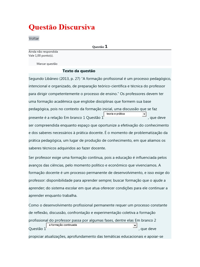 Questão Discursiva Formação Docente | PDF | Pedagogia | Aprendizado