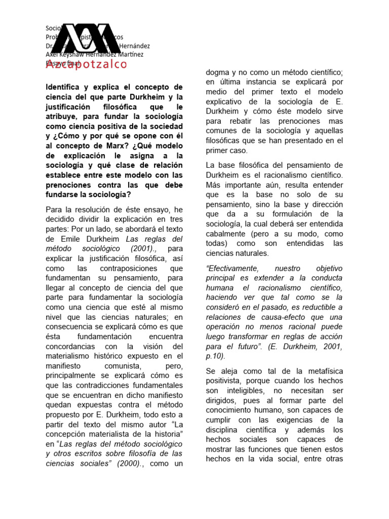Ensayo final Durkheim | PDF | Emile Durkheim | Sociología