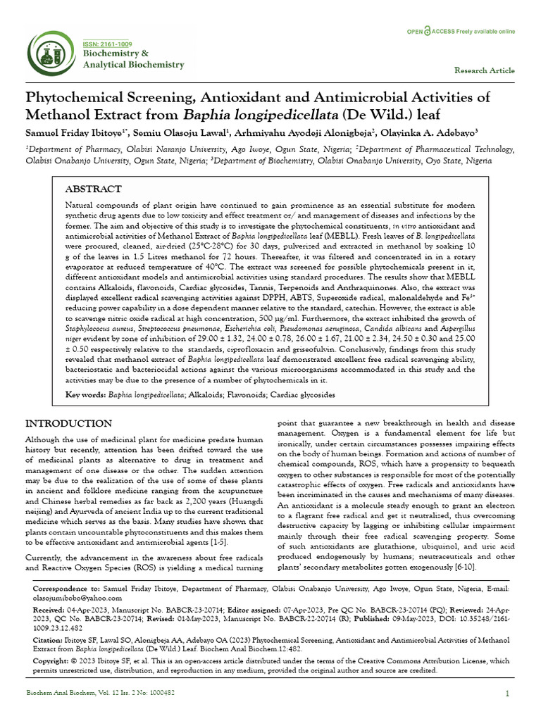Phytochemical Screening Antioxidant and Antimicrobial Activities of Methanol Extract From Baphia ...