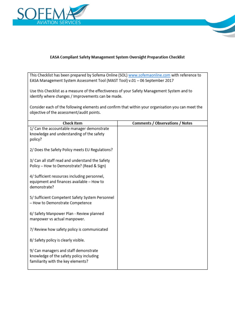EASA Compliant Safety Management System Oversight Preparation Checklist ...
