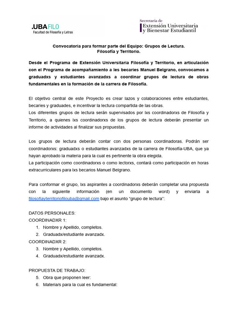 Convocatoria para Grupos de Lectura en Filosofía | PDF