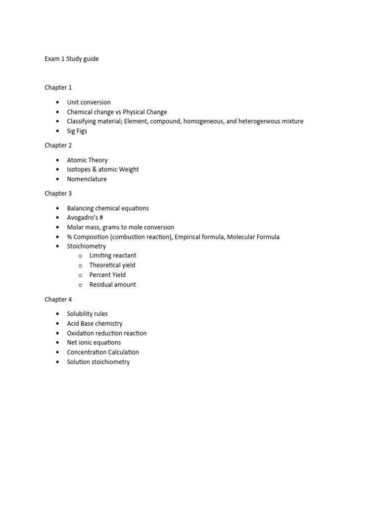 Chemistry Exam 1 Study Guide | PDF