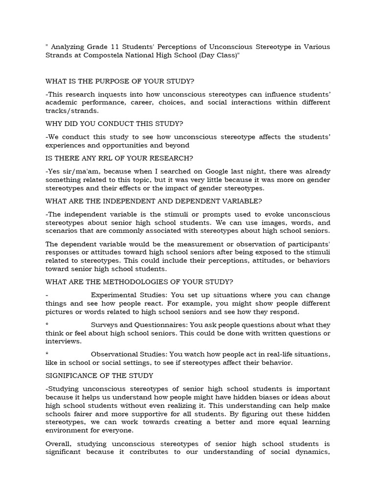 Analyzing Grade 11 Students Perceptions of Unconscious Stereotype in ...