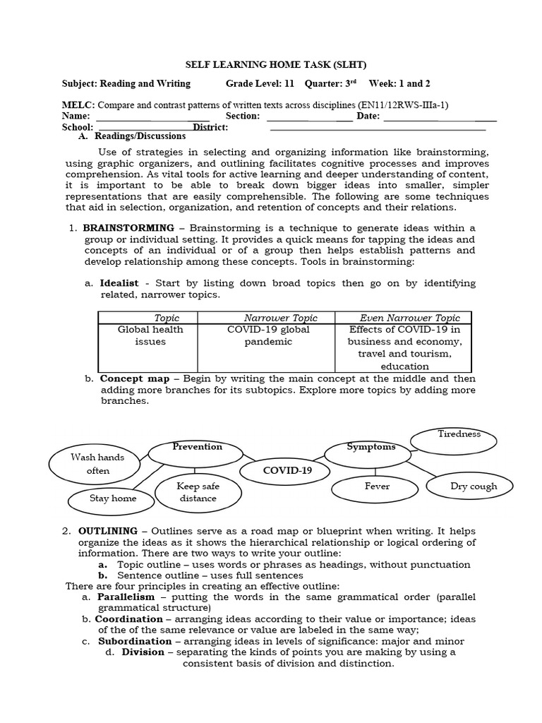 Reading and Writing - SLHT Week 1 and 2 | Download Free PDF | Reading Comprehension | Brainstorming