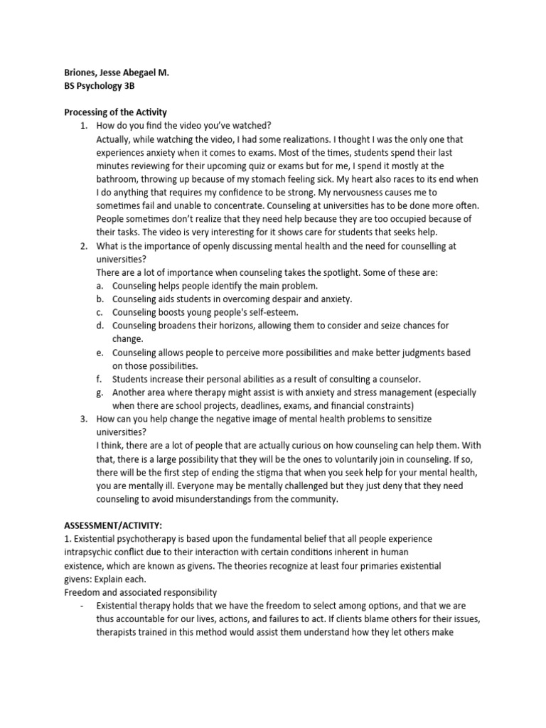 Existential, Gestalt, Behavioral, Cognitive Behavioral and Person Centered Therapy Activities ...