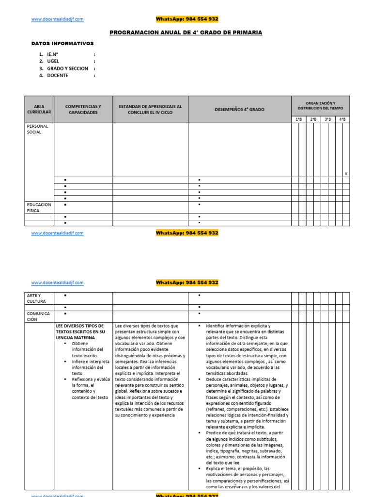 PROGRAMACION-ANUAL-4°-GRADO-PRIMARIA | PDF | Números | Geometría