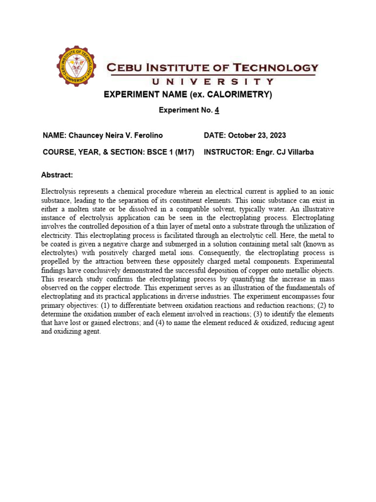 Ferolino-lab-report | PDF | Redox | Chemistry