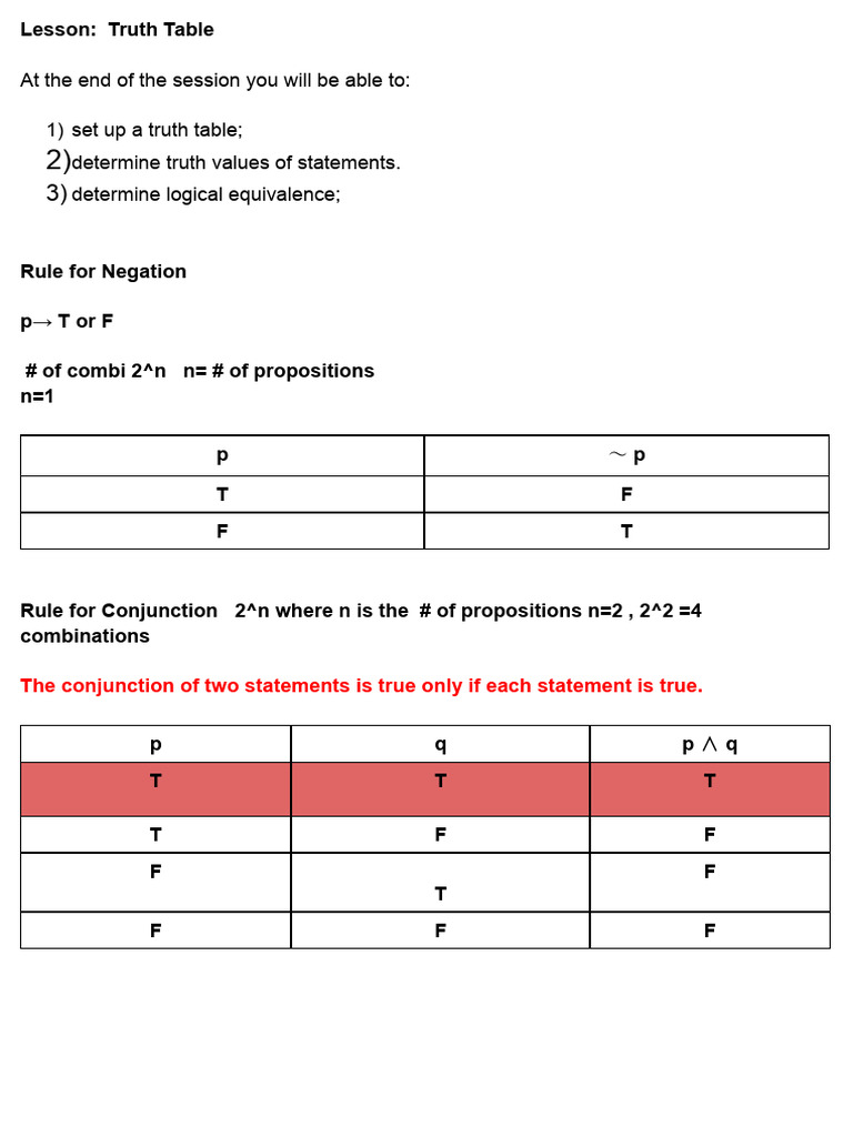Lesson 2 Truth Table | PDF | Logic | Semantics Lesson 2 Truth Table | PDF | Logic | Semantics