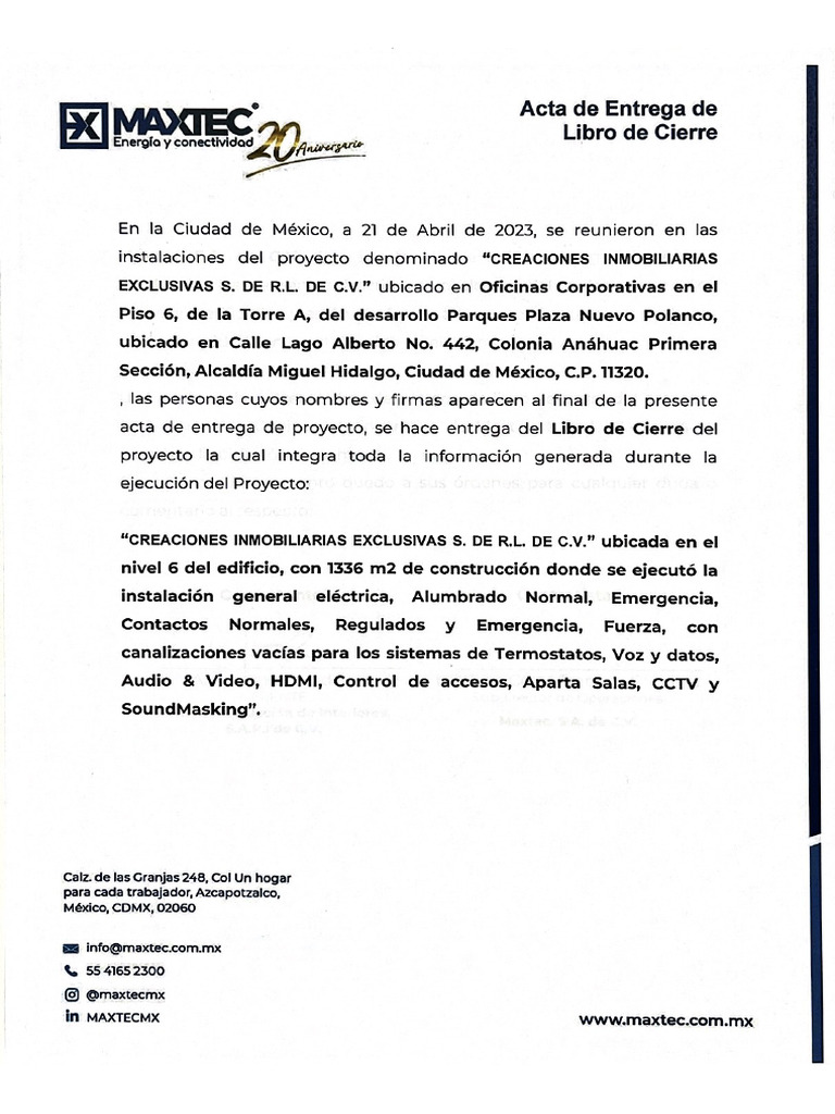 Acta de Entrega Libro de Cierre | PDF