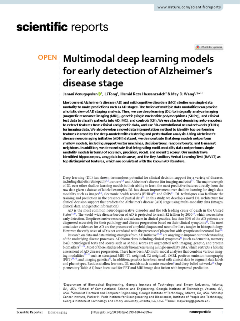 Multimodal Deep Learning Models For Early Detection of Alzheimer's Disease Stage | PDF ...