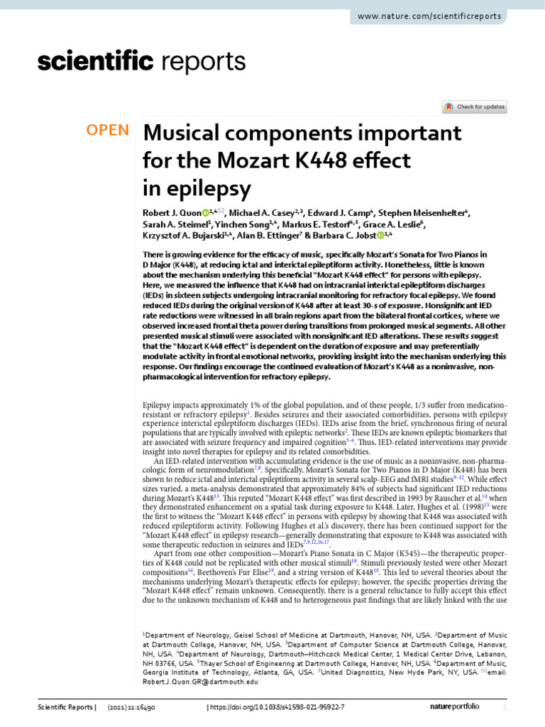 Musical Components Important For The Mozart K448 Effect in Epilepsy | PDF | Epilepsy ...