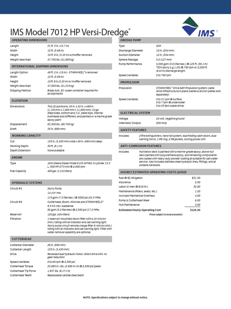 Model 7012 HP Versi Dredge Specifications 2020 | PDF | Dredging | Pump