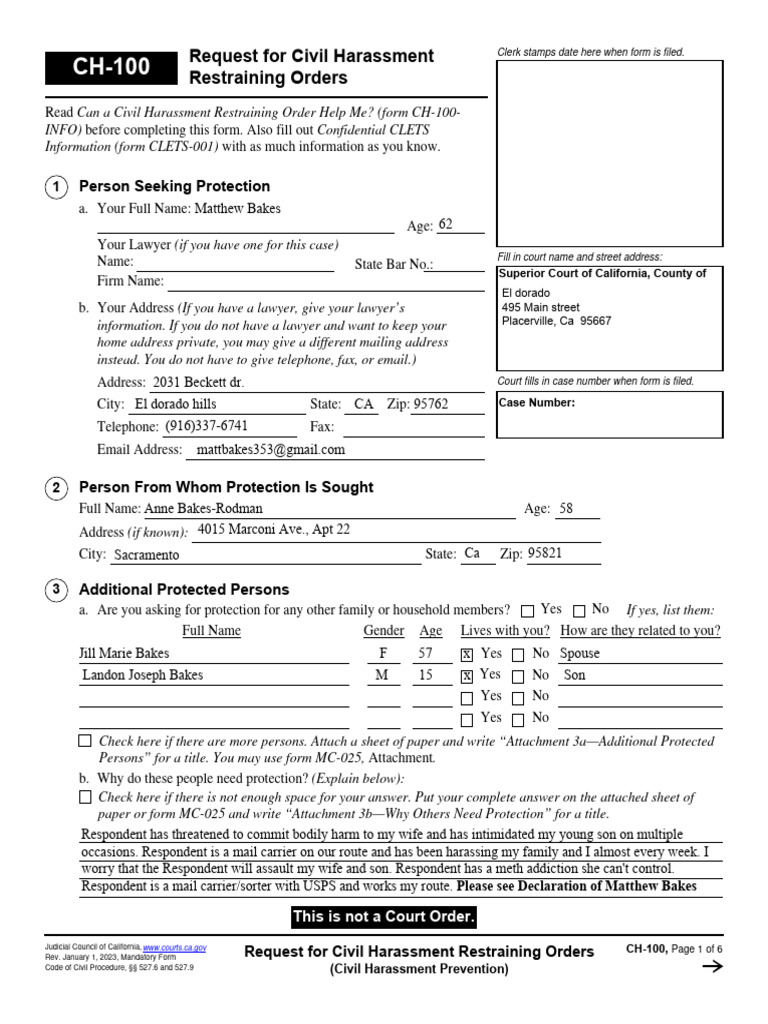TRO Anne Request Civil Harassment Restraining Orders | PDF ...