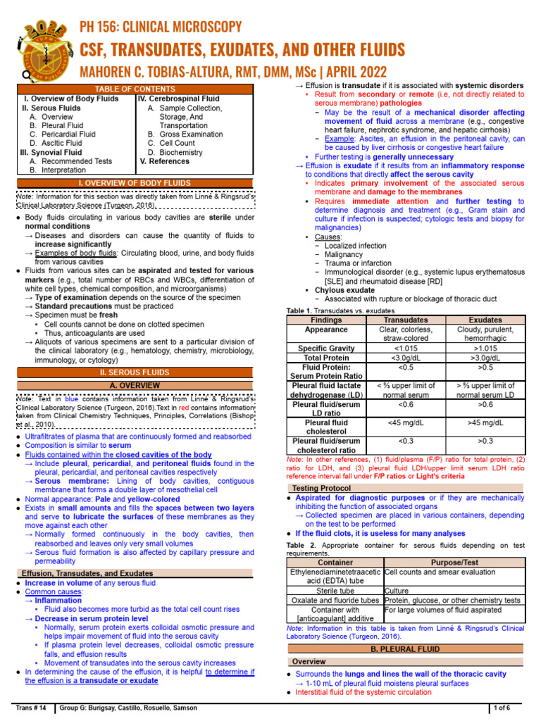 (PH156) 14 CSF, Transudates, Exudates, and Other Fluids | PDF | Medical ...