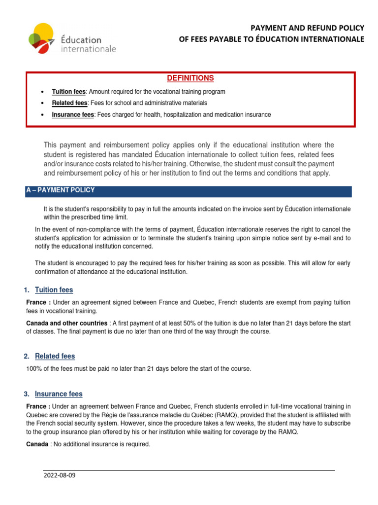 Tuition Fees Payment and Refund Policy 2022 1 | PDF | Fee | Insurance