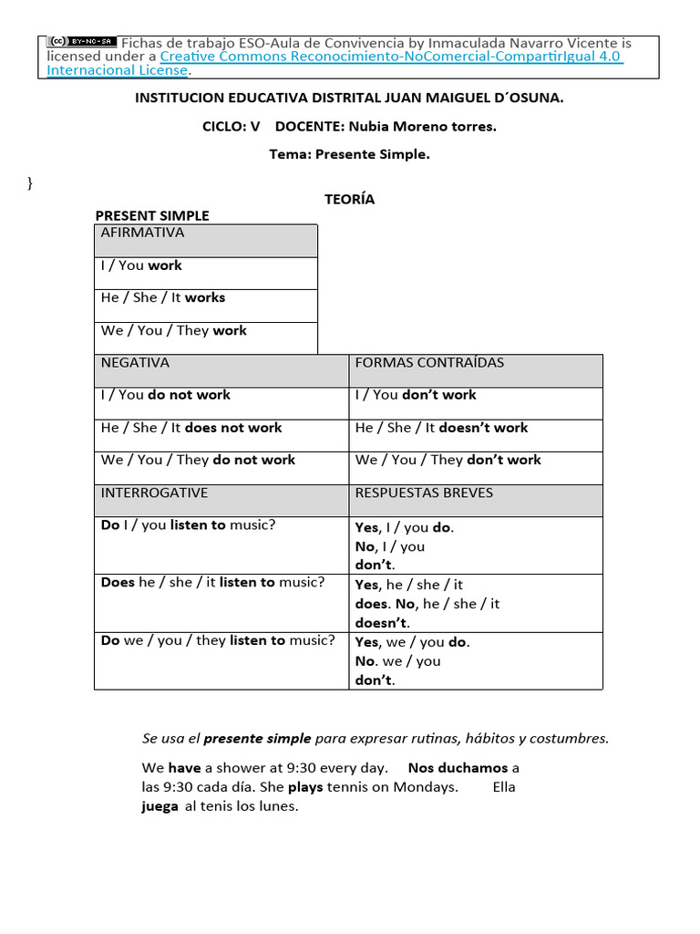 Taller de Ingles Presente Simple. | PDF