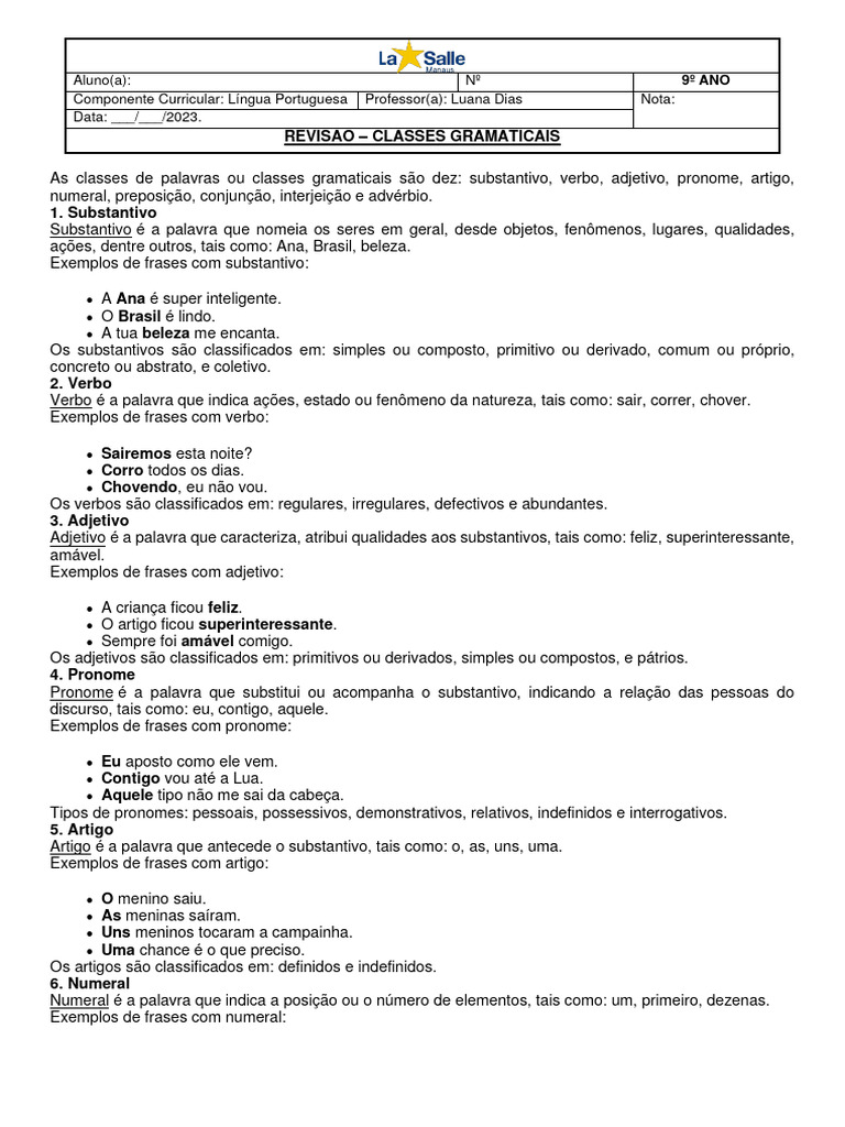 Material de Apoio - CLASSES GRAMATICAIS | PDF | Pronome | Classe gramatical