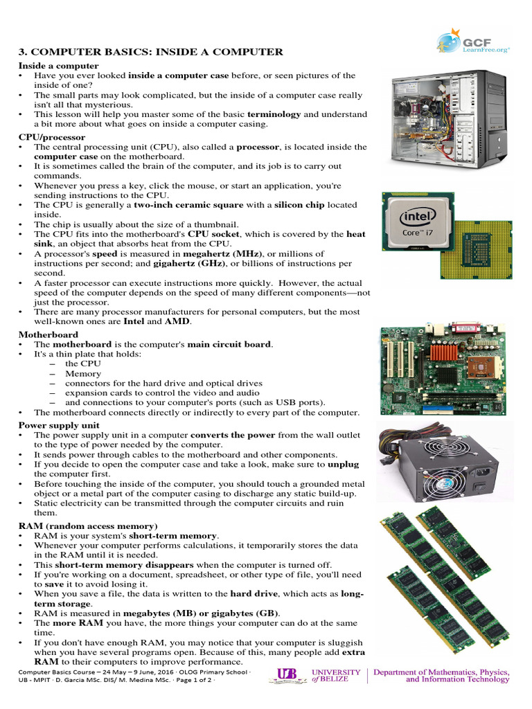 Computer Basics - Inside A Computer (Handout) | PDF | Central Processing Unit | Computer Data ...