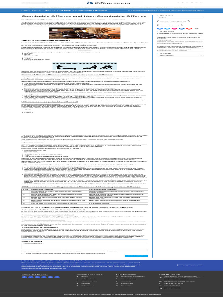 Cognizable Offence and Non-Cognizable Offence Under CRPC | PDF ...