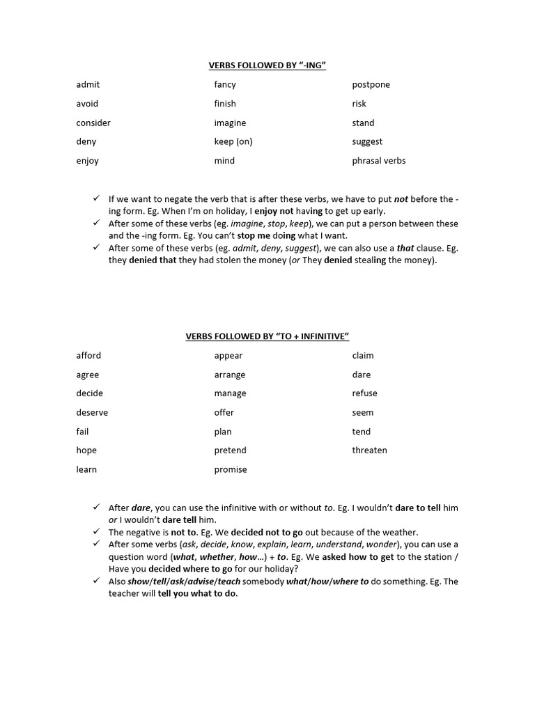 Verbs Followed by - Ing or To + Infinitive | PDF | Verb | Syntax