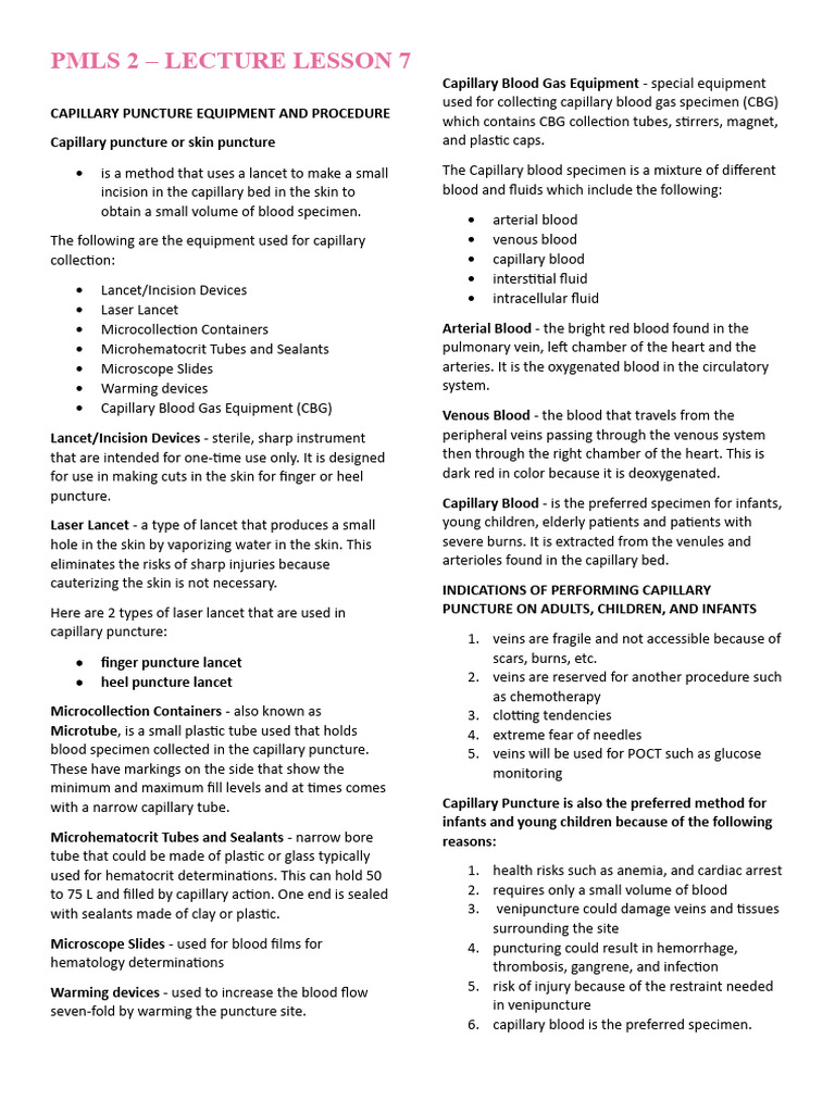 LESSON 7 - CAPILLARY PUNCTURE EQUIPMENT AND PROCEDURE | PDF | Vein | Blood