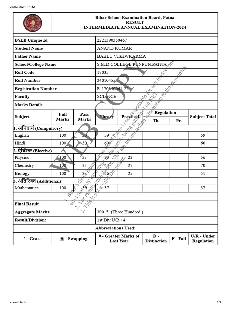 Anand CLASS 12TH Result | PDF