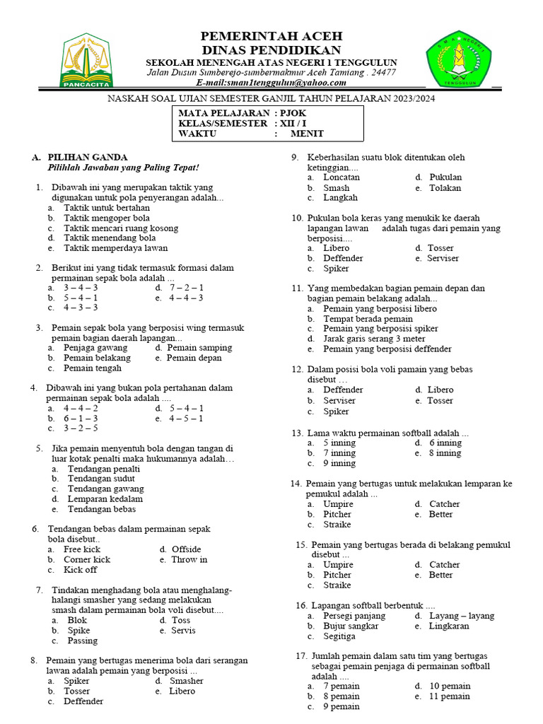 Soal Ujian PJOK Kelas XII 2023 | PDF