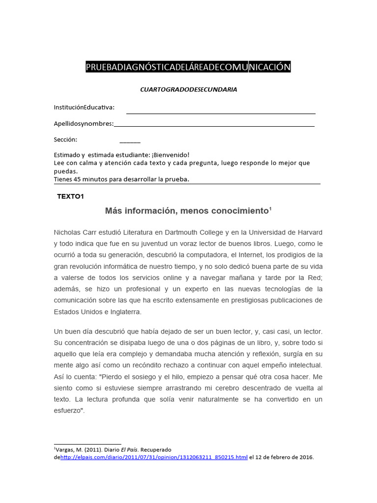 Evaluaci+ N Diagn+ Stica COMUNICACI+ôN - 4 - GRADO | PDF | Internet | Adolescencia