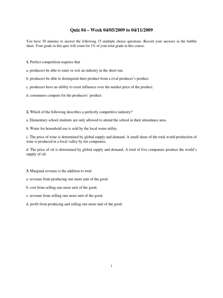 Quiz4 Econs101 | PDF | Profit (Economics) | Perfect Competition