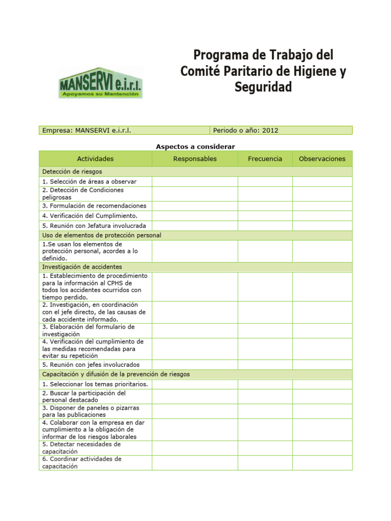 Programa de Trabajo Del Comité Paritario de Higiene y Seguridad | PDF