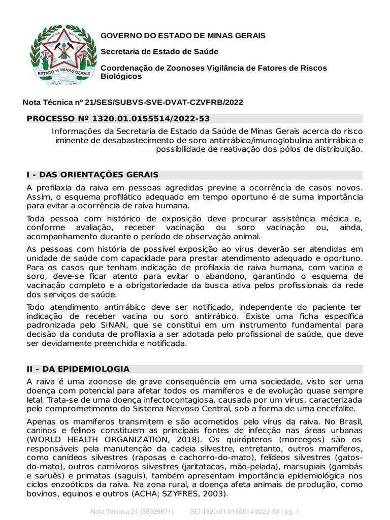 Nota Técnica Nº 21SESSUBVS-SVE-DVAT-CZVFRB2022 | PDF | Raiva ...