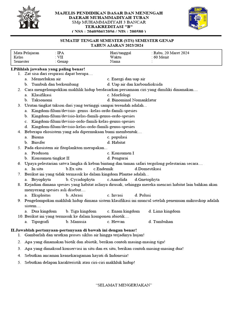 Sumatif Tengah Semester Ipa Kelas 7 2024 | PDF
