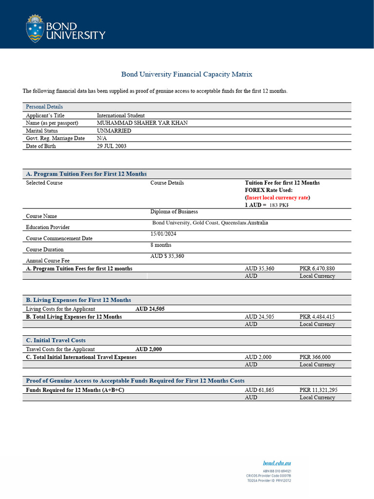 Bond University Financial Capacity Matri1 | PDF | Loans | Banks