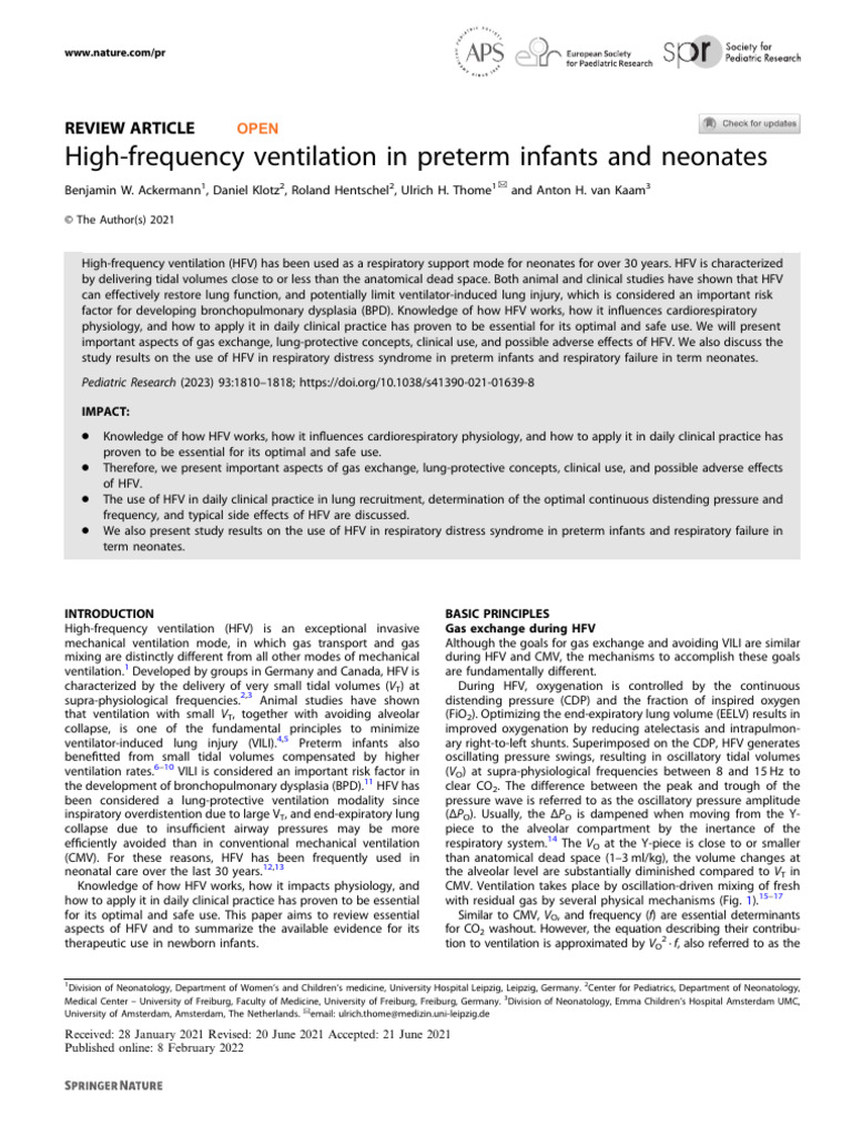 High-frequency ventilation in preterm infants and neonates | PDF ...