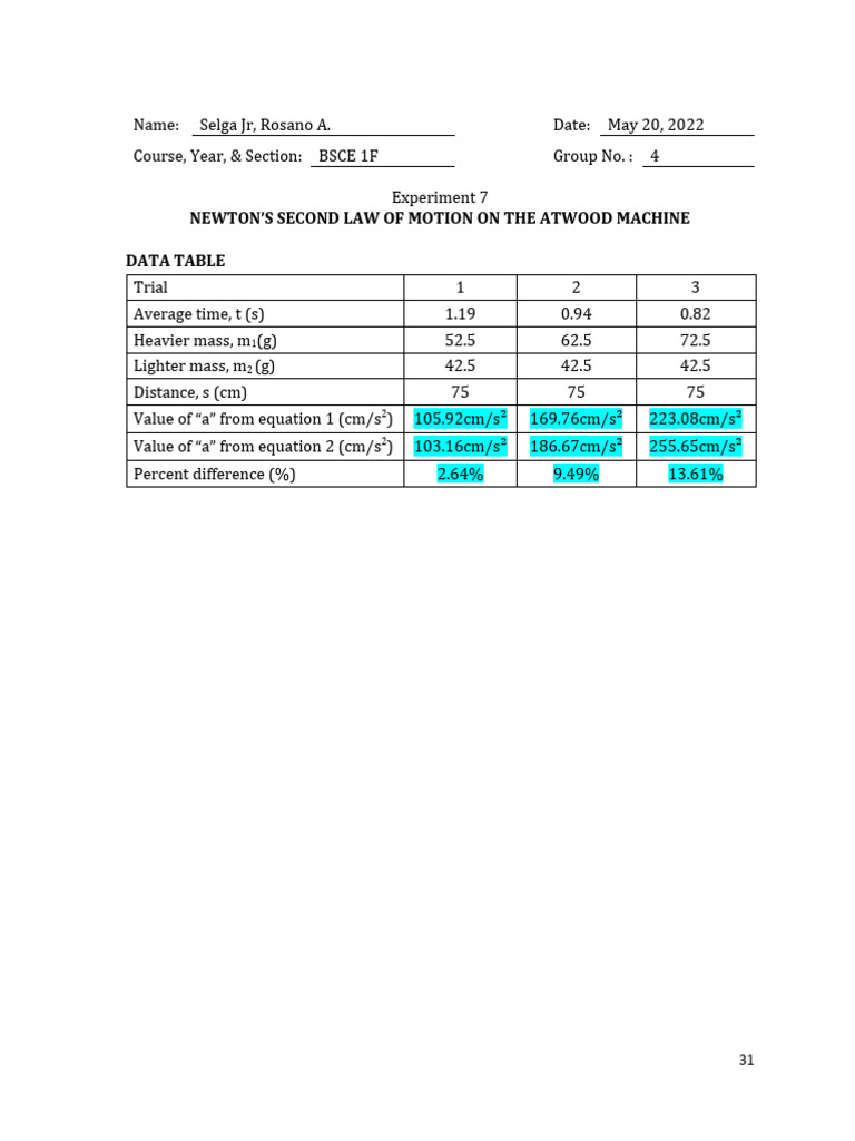 2nd-Law-ans-sheet | PDF | Mass | Newton's Laws Of Motion