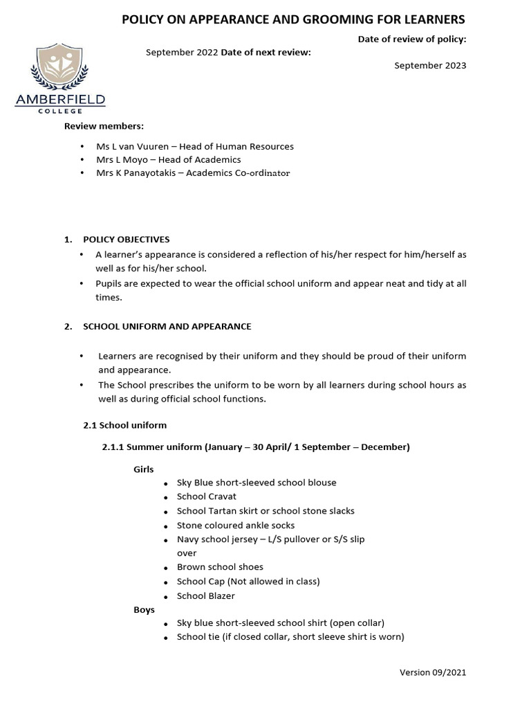 5th Grade Appearance and Grooming Policy | PDF | Trousers | Hair