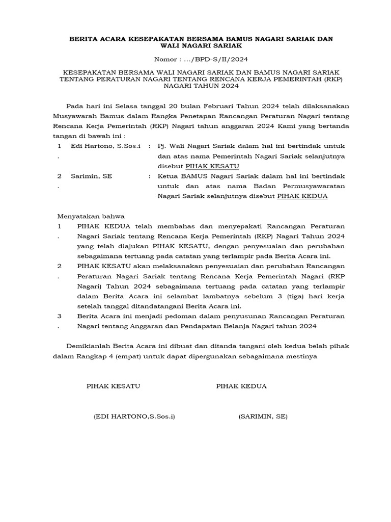 33 Berita Acara Kesepakatan Bersama Bamus Nagari | PDF