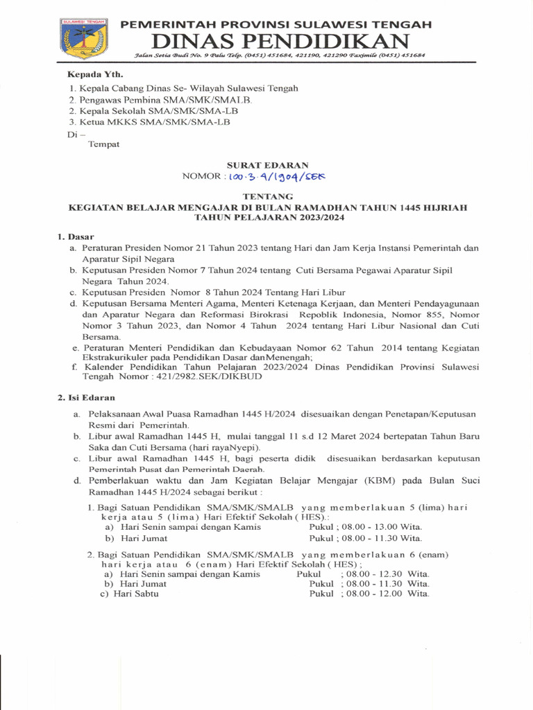 Surat Edaran KBM Di Bulan Ramadhan Tahun 2024 | PDF