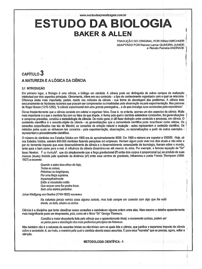 Baker e Allen Capitulo 3 e 4. O Estudo Da Biologia. | PDF