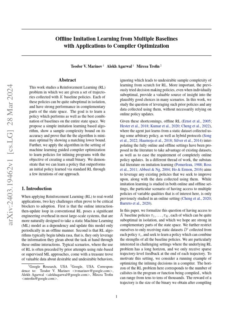 Offline Imitation Learning From Multiple Baselines With Applications To Compiler Optimization ...