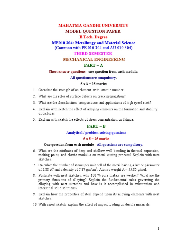 Model Question Paper ME010 304 Metallurgy and Material Science | PDF ...