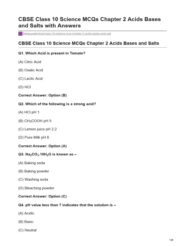CBSE Class 10 Science MCQs Chapter 2 Acids Bases and Salts With Answers | PDF | Acid ...