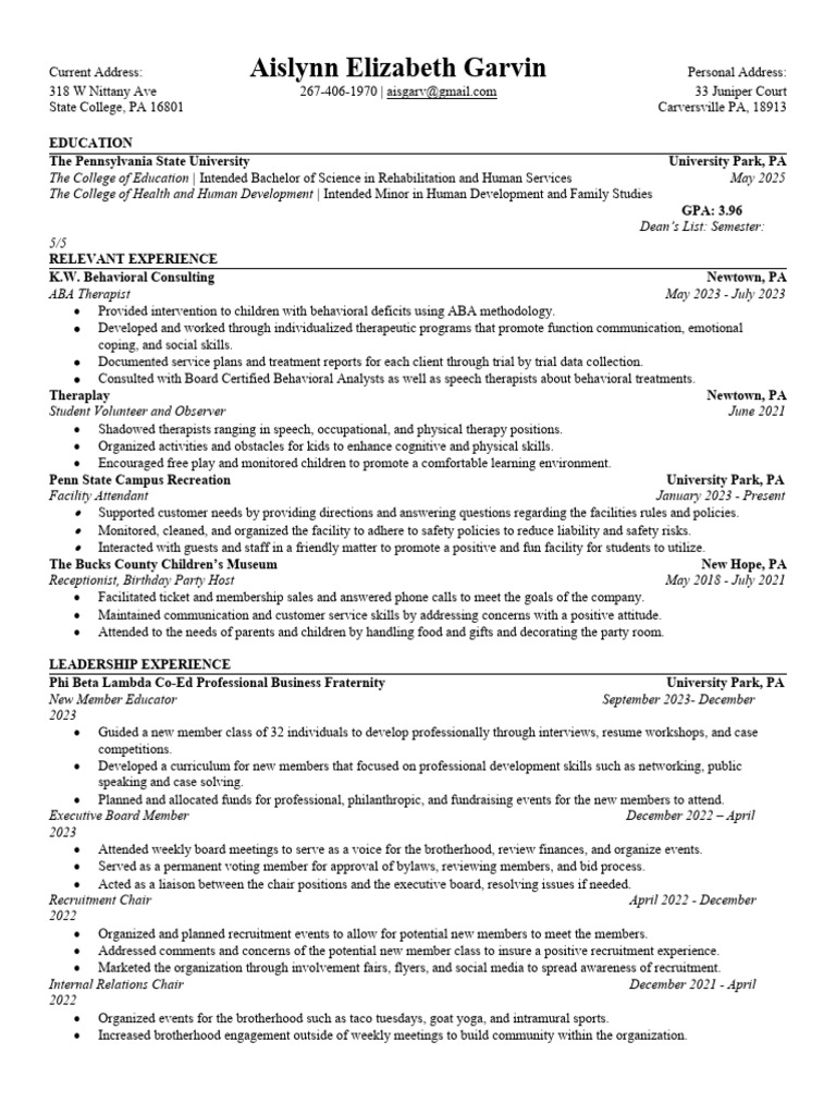 Resume - Aislynn Garvin | PDF | Physical Therapy | Play Therapy