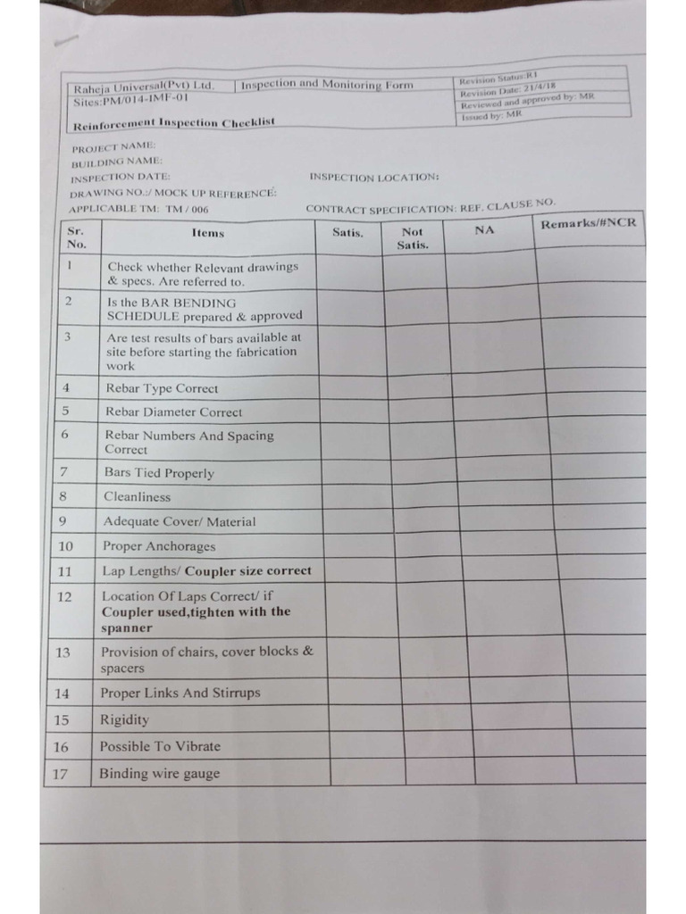 Checklist For Reinforcement, Shuttering and Concreting | PDF