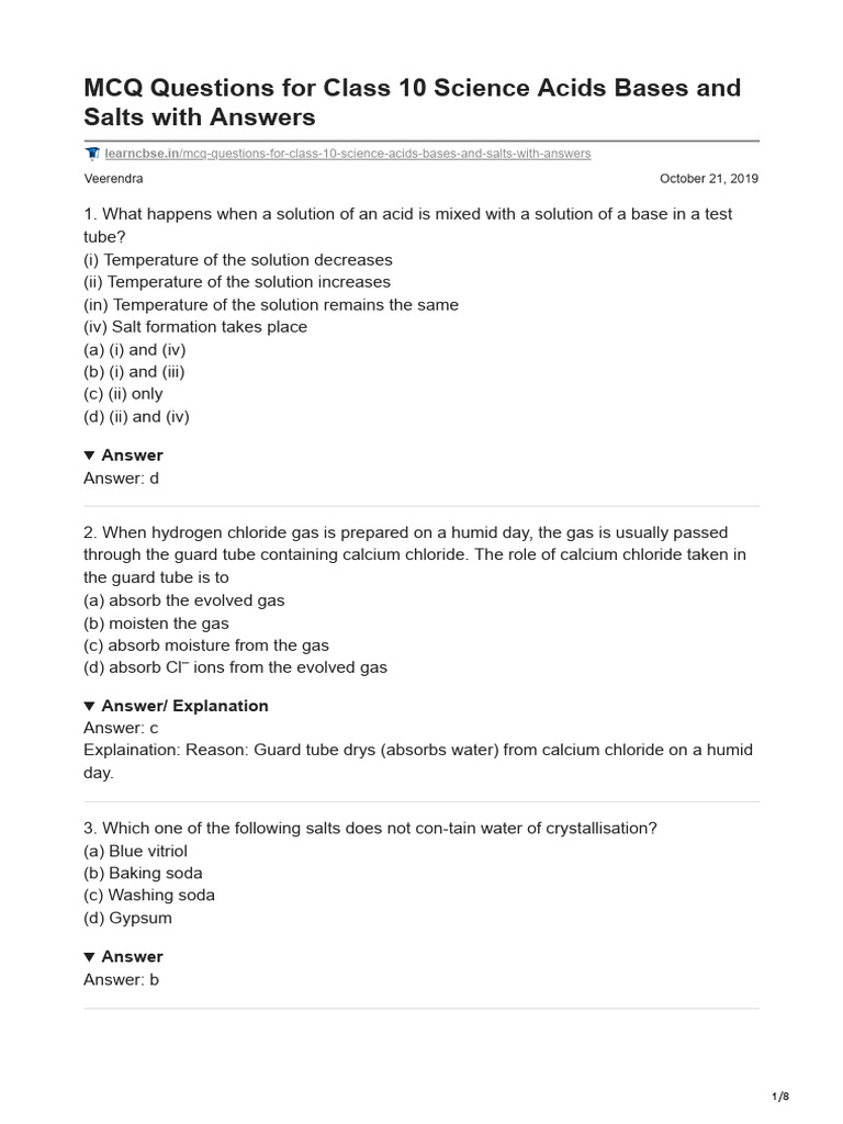 Learncbse.in-mCQ Questions for Class 10 Science Acids Bases and Salts With Answers | PDF | Salt ...