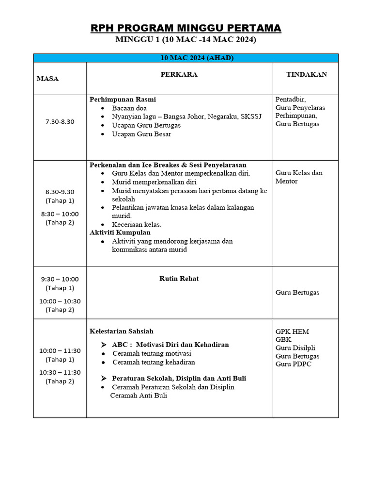 RPH MINGGU PERTAMA PERSEKOLAHAN 2024 | PDF