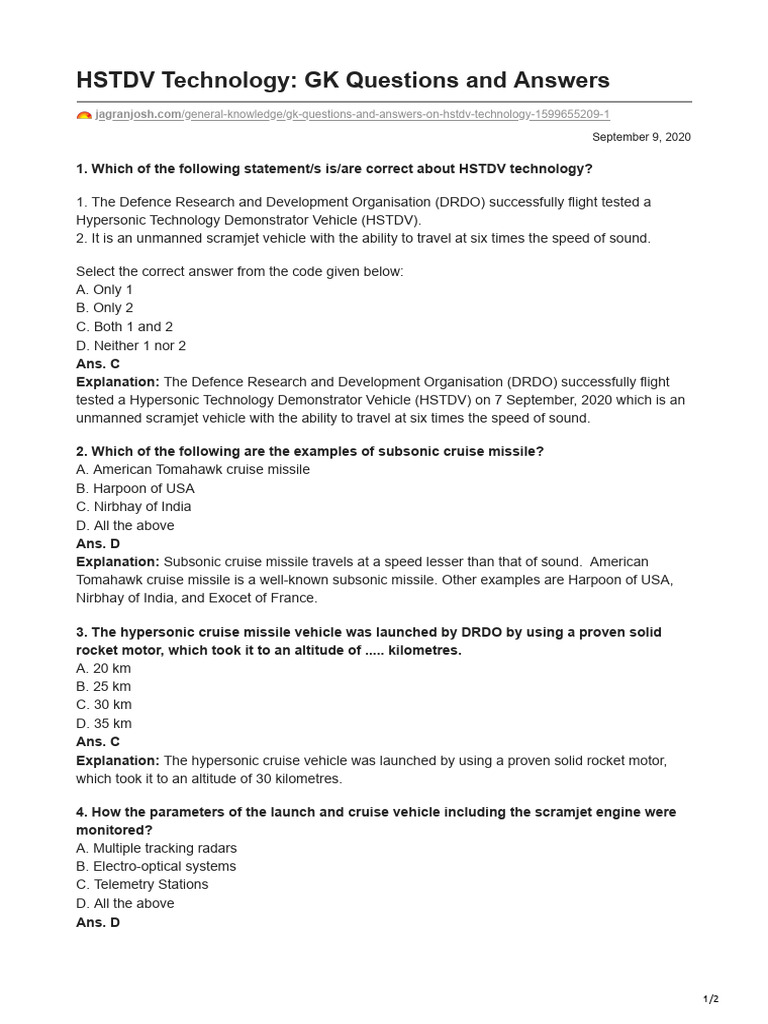 HSTDV Technology GK Questions and Answers | PDF | Military Technology ...