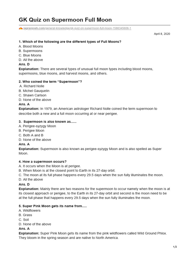 GK Quiz On Supermoon Full Moon | PDF | Moon | Easter